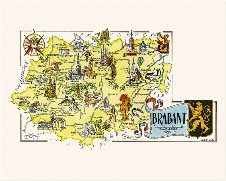 Fun Map of Brabant, Belgium – Digital Download PRINTABLE Vintage Wall ...