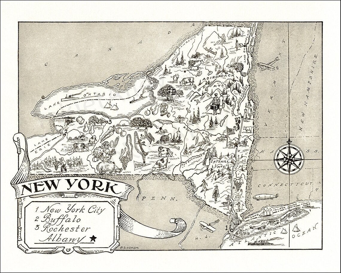 Pictorial State Map of New York – Digital Download PRINTABLE Vintage ...