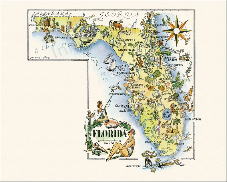 Fun State Map of Florida – Digital Download PRINTABLE Vintage Pictorial ...