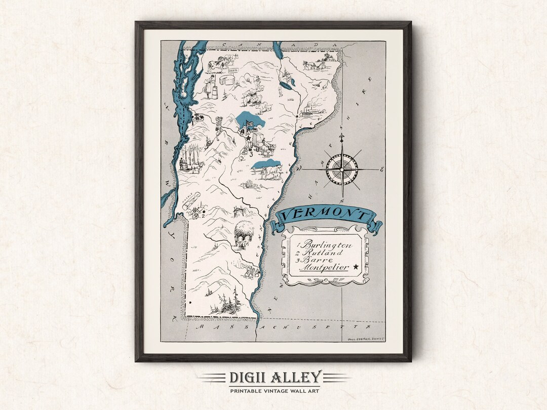 Pictorial Map of Vermont – Digital Download PRINTABLE Vintage Fun Old ...