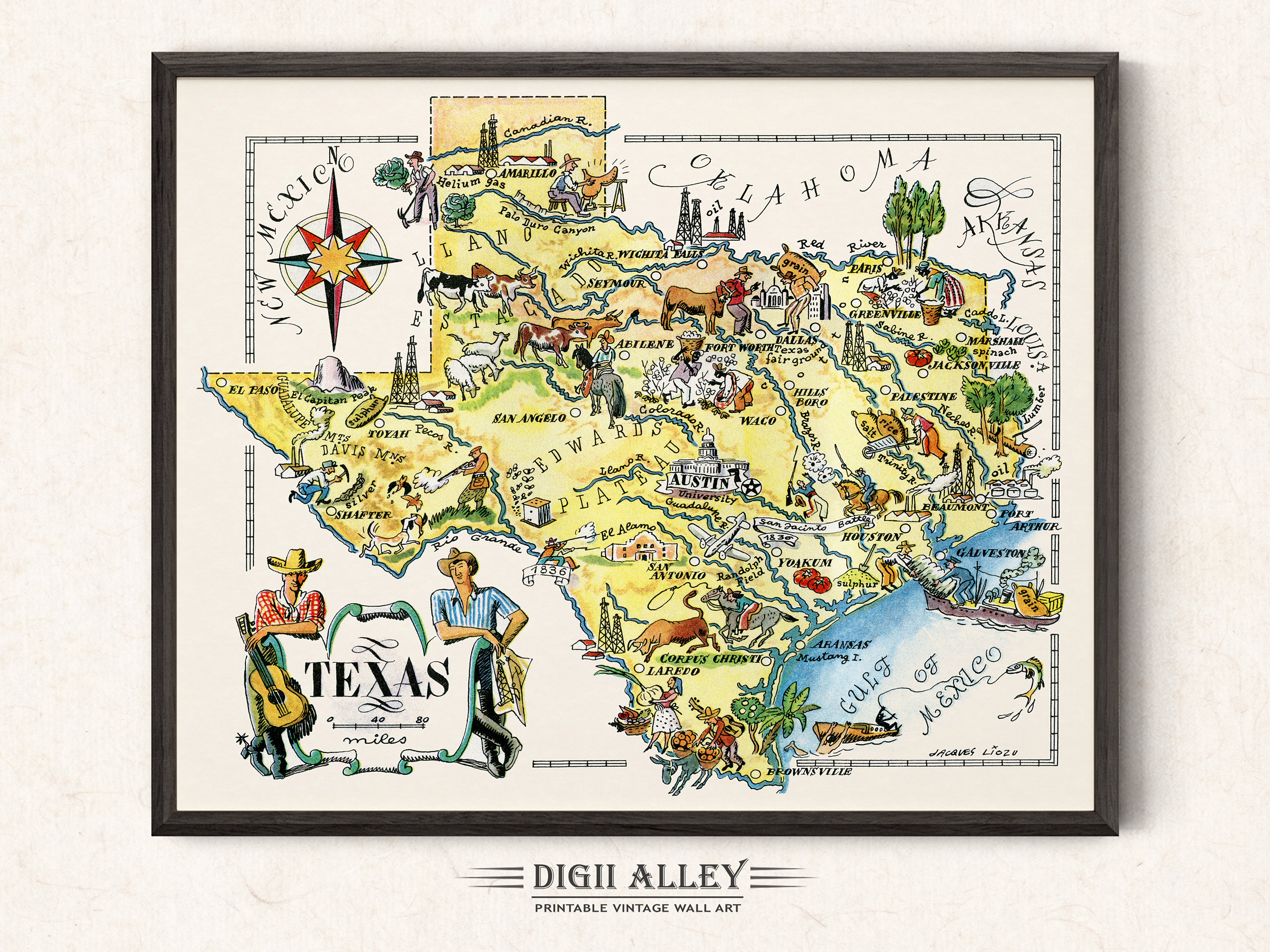 Fun State Map of Texas – Digital Download PRINTABLE Vintage Pictorial Wall Art Décor Whimsical ...