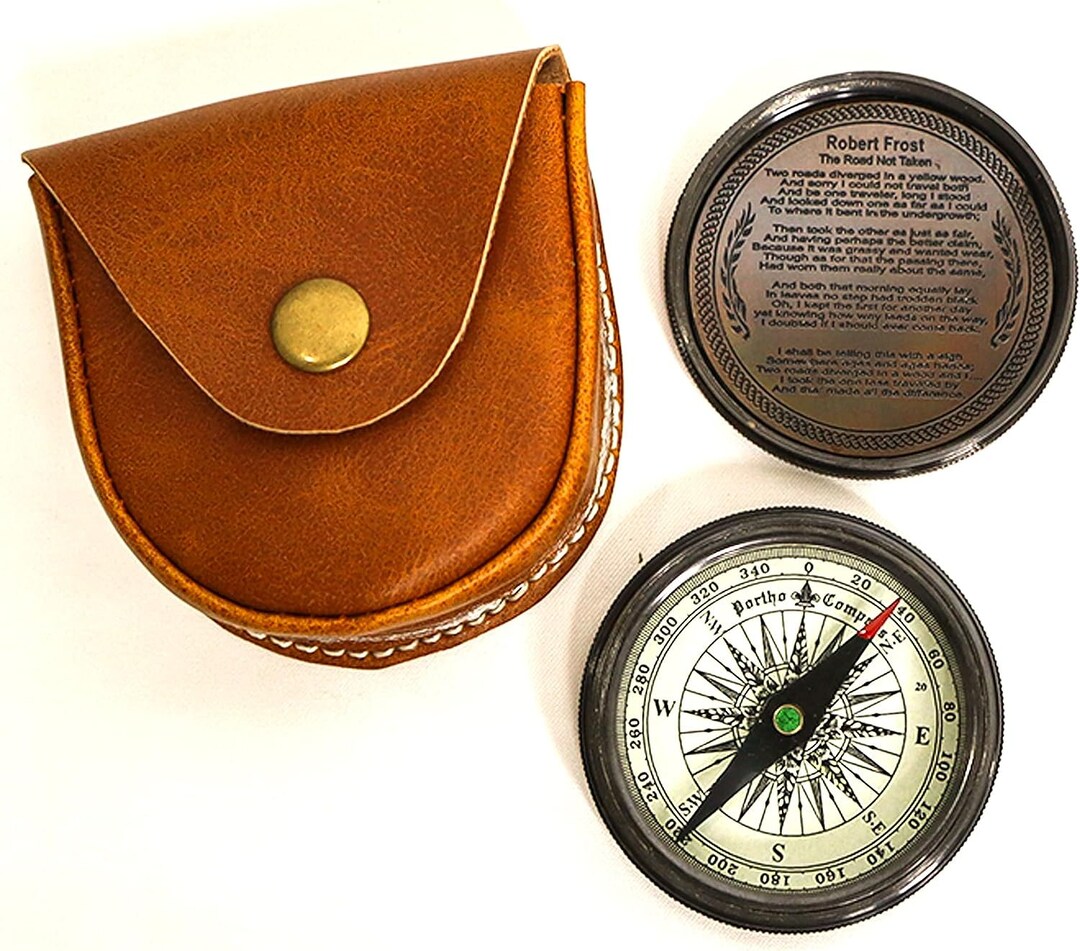 Antique Brass Pocket Compass With Custom Leather Case, Perfect Gift for ...