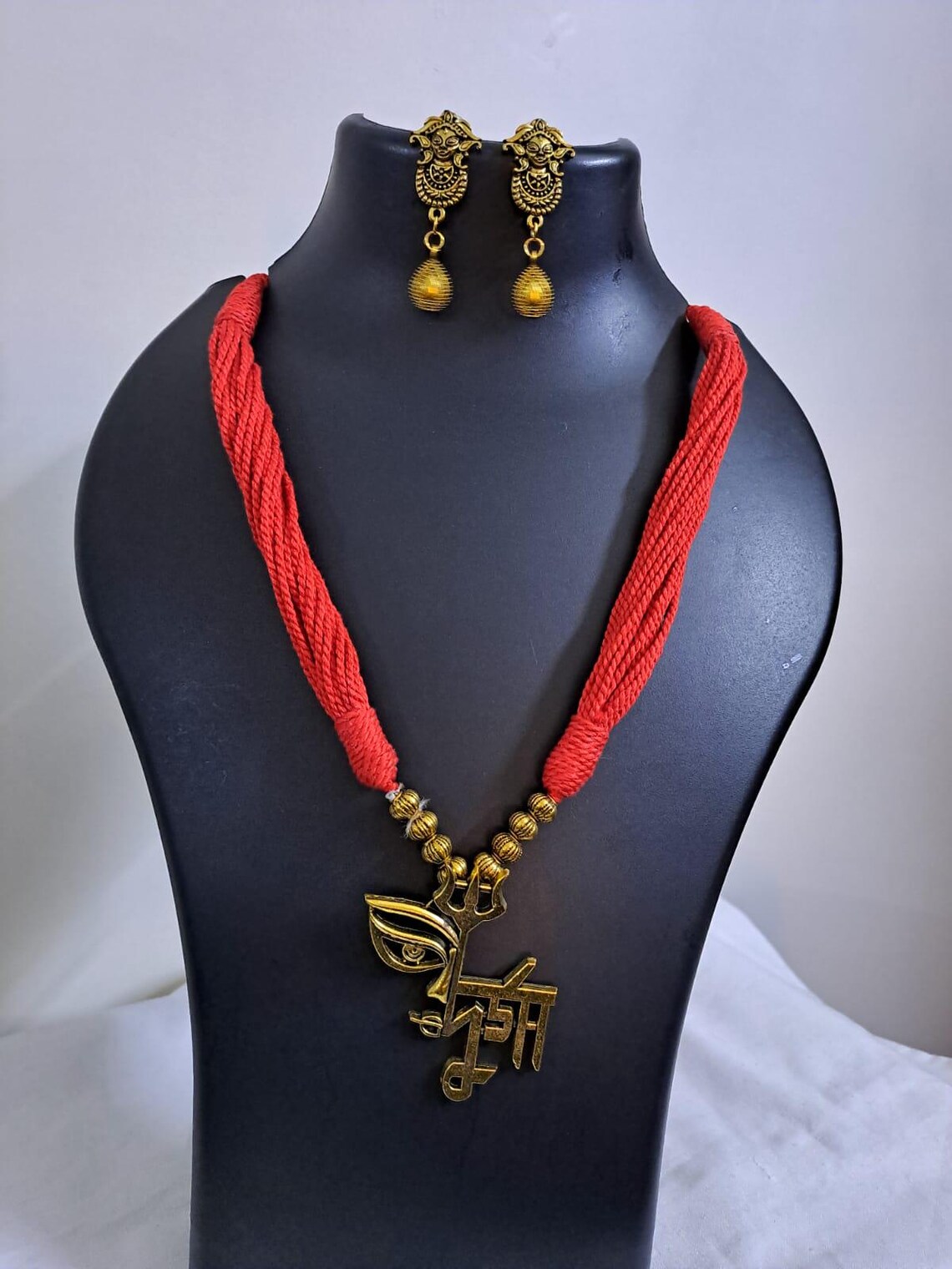 Red Thread Necklace Set With Golden Oxidised Durga Pendant N Matching ...