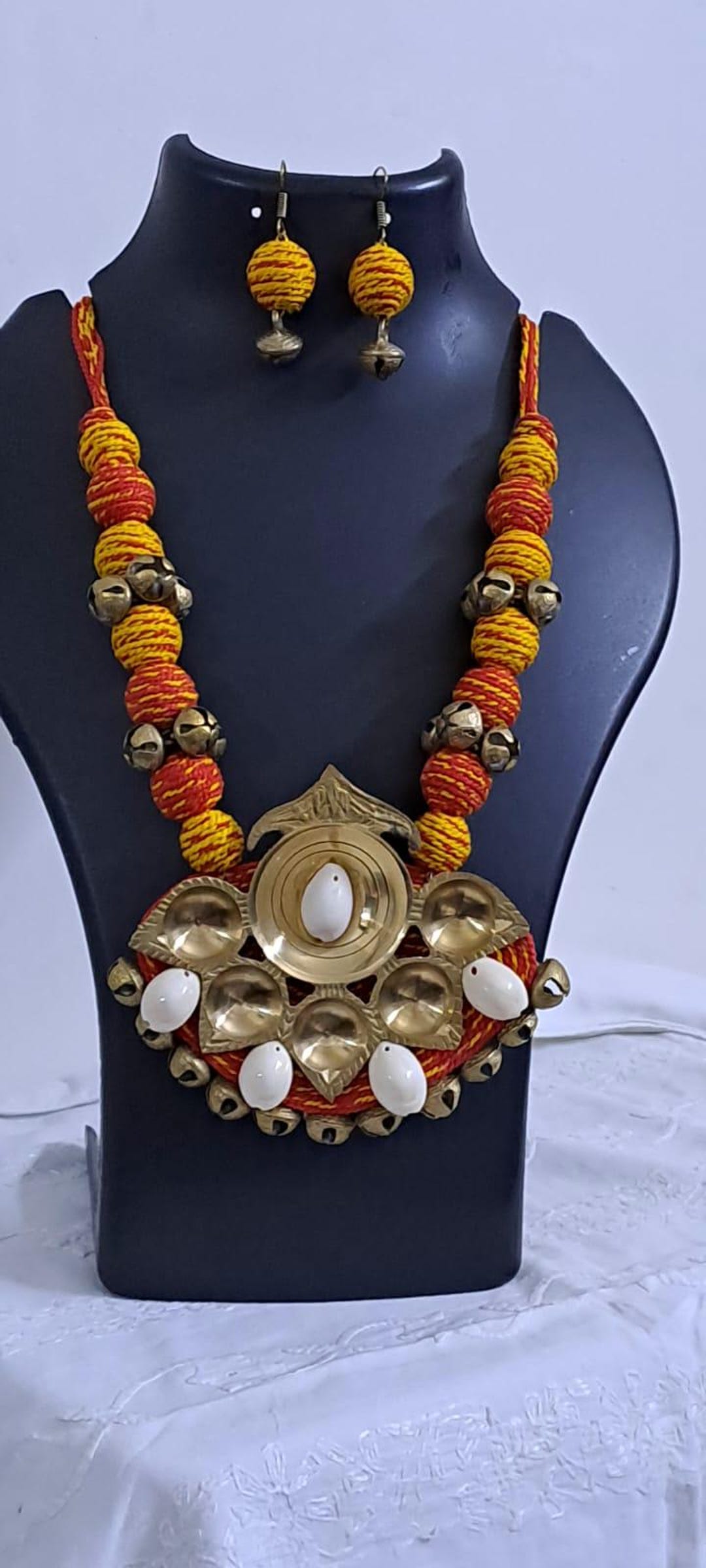 Red Yellow Thread Beads Necklace Set With Dokra Pendant N Matching ...