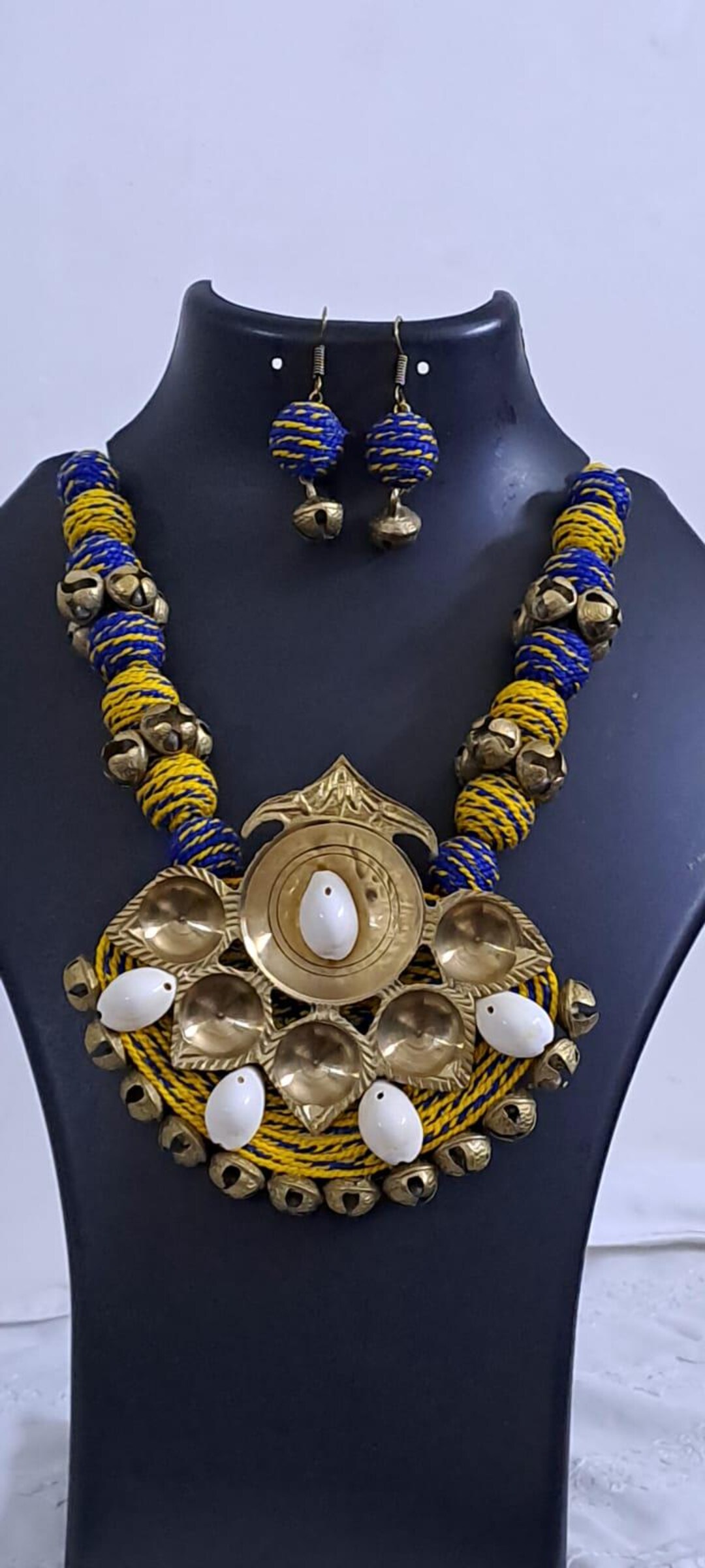 Blue Yellow Thread Beads Necklace Set With Dokra Pendant N Matching ...