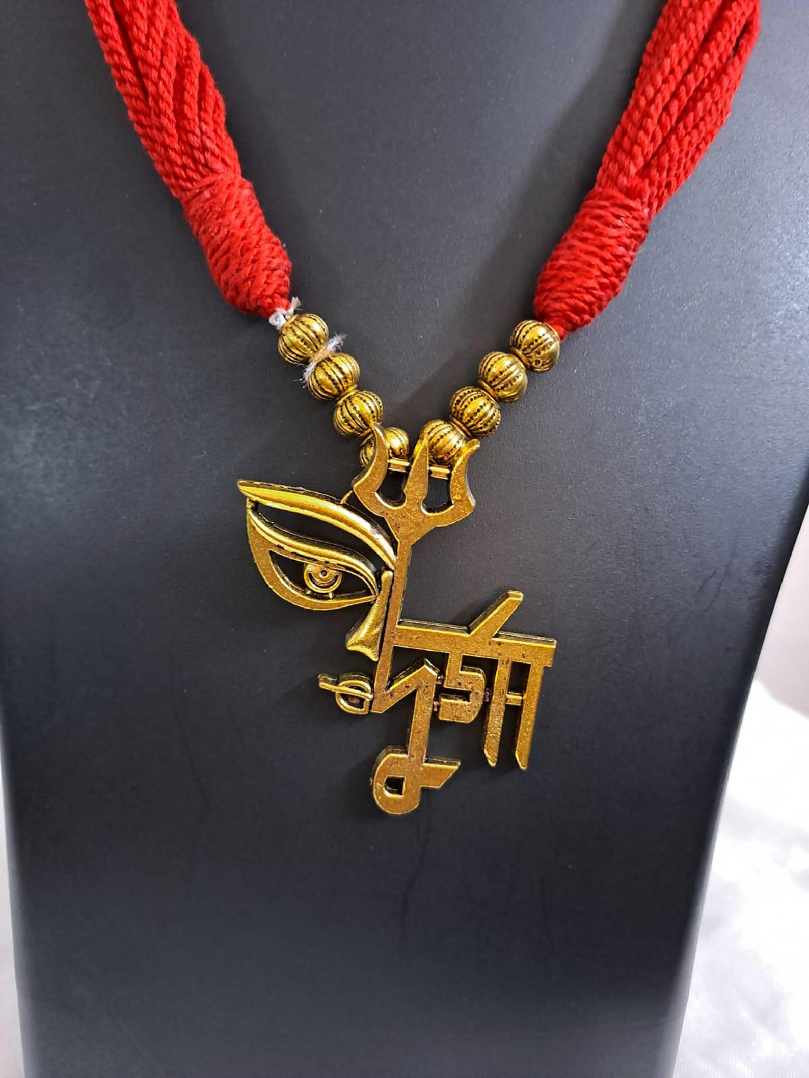 Red Thread Necklace Set With Golden Oxidised Durga Pendant N Matching ...