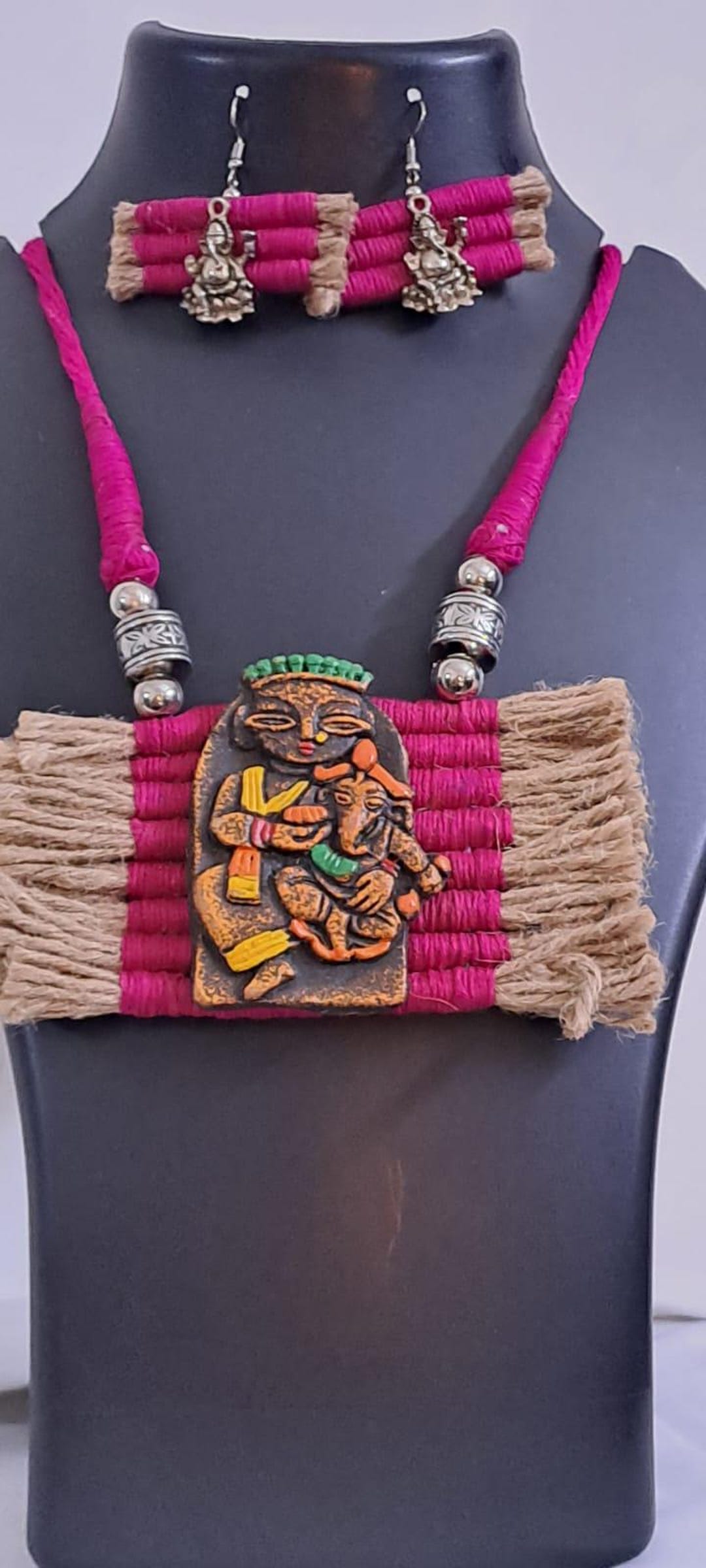 Terracotta Ganesha & Parvati Pendant Jute Necklace Set With Matching ...