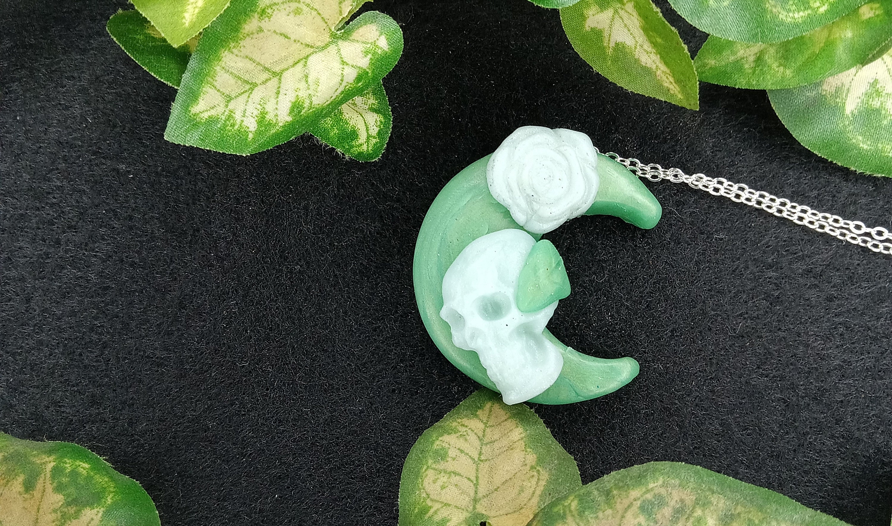 Jade Moon Skull Blossom Handmade Polymer Clay OOAK Necklace - Etsy