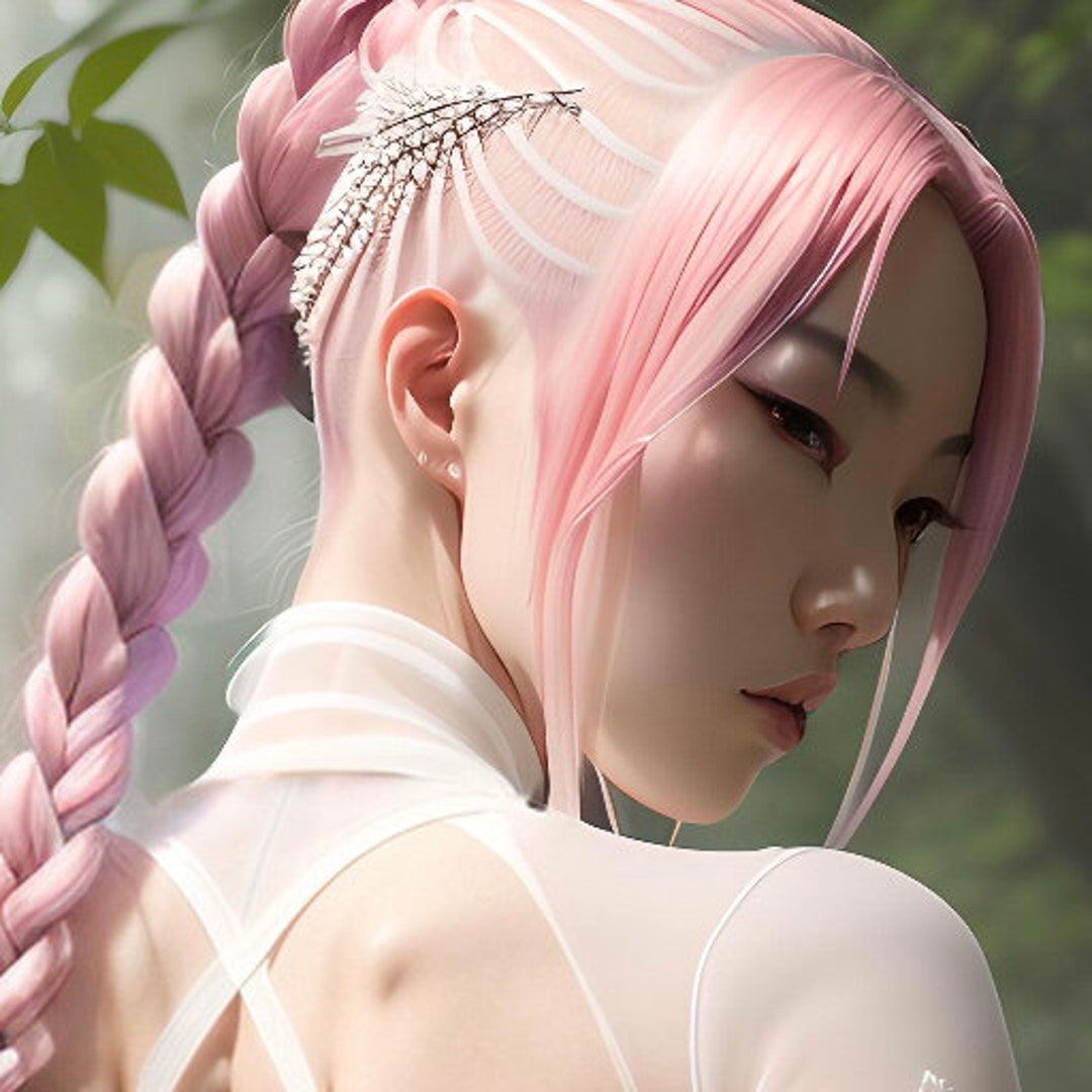 Digital Art by AI Asian Female With Pink and White Hair, Wearing a ...