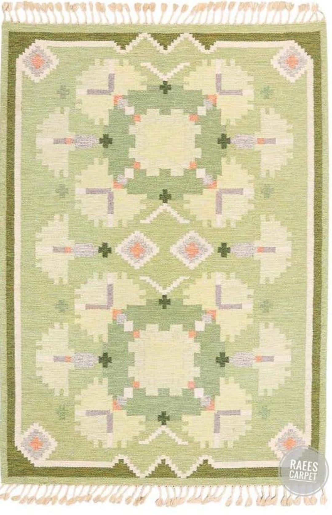 Green Scandinavian Design High Quality Hand Woven Flatweave Kilim ...
