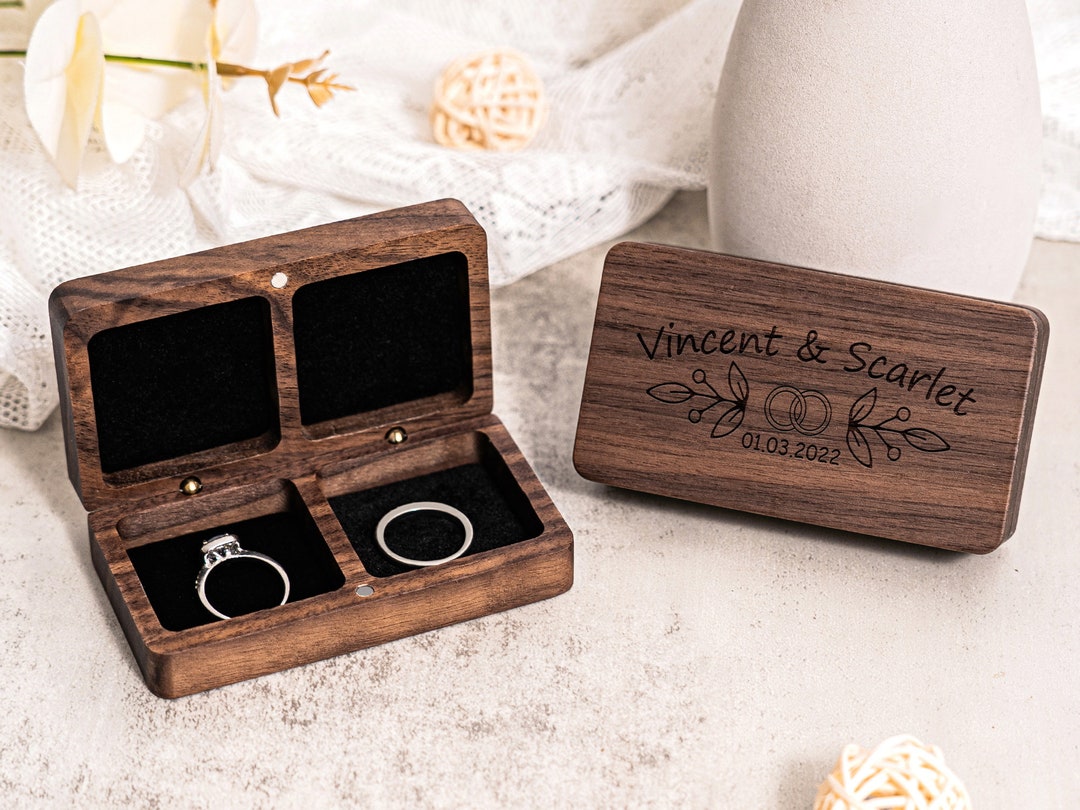 Personalized Wood Wedding Engagement Ring Box, Custom Engraved Walnut Ring Box, Double Slot Ring ...