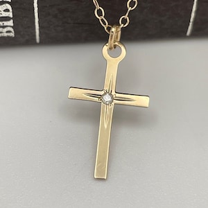 Vintage Petite 14K Gold Solitaire Diamond Cross Necklace, 18 Chain ...