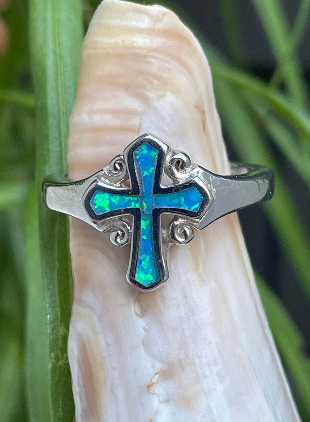 Sterling Silver Blue Opal Cross Ring, Beautiful Inlay Design, Lab ...