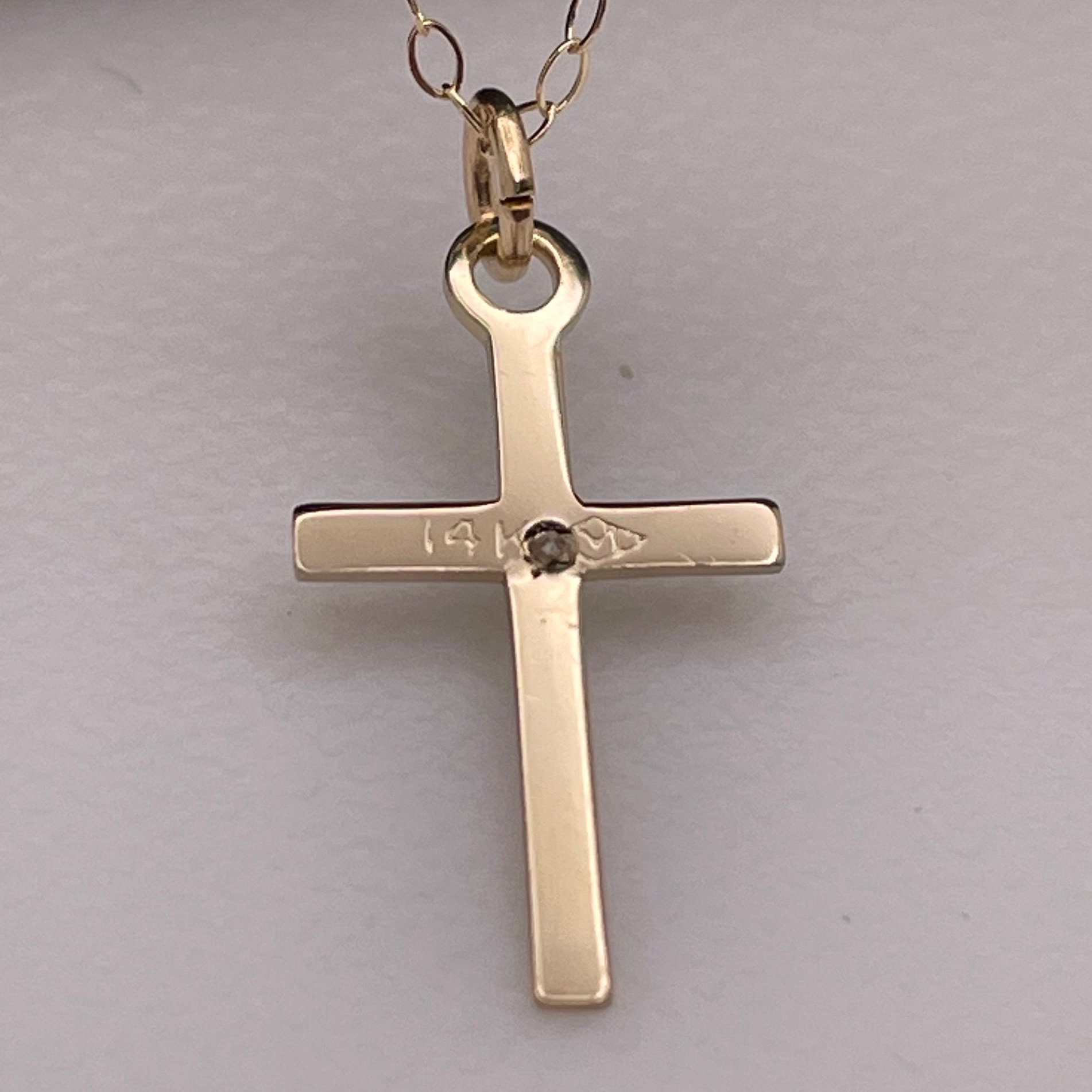 Vintage Petite 14K Gold Solitaire Diamond Cross Necklace, 18 Chain ...