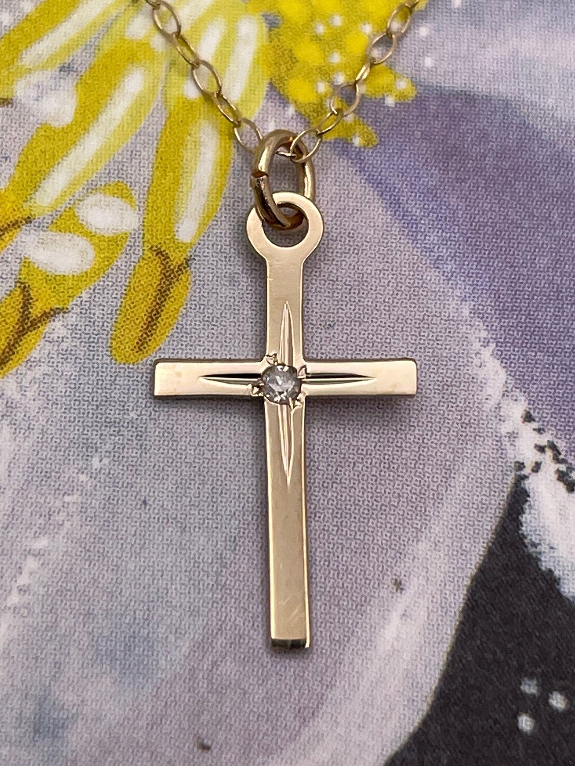 Vintage Petite 14K Gold Solitaire Diamond Cross Necklace, 18 Chain ...