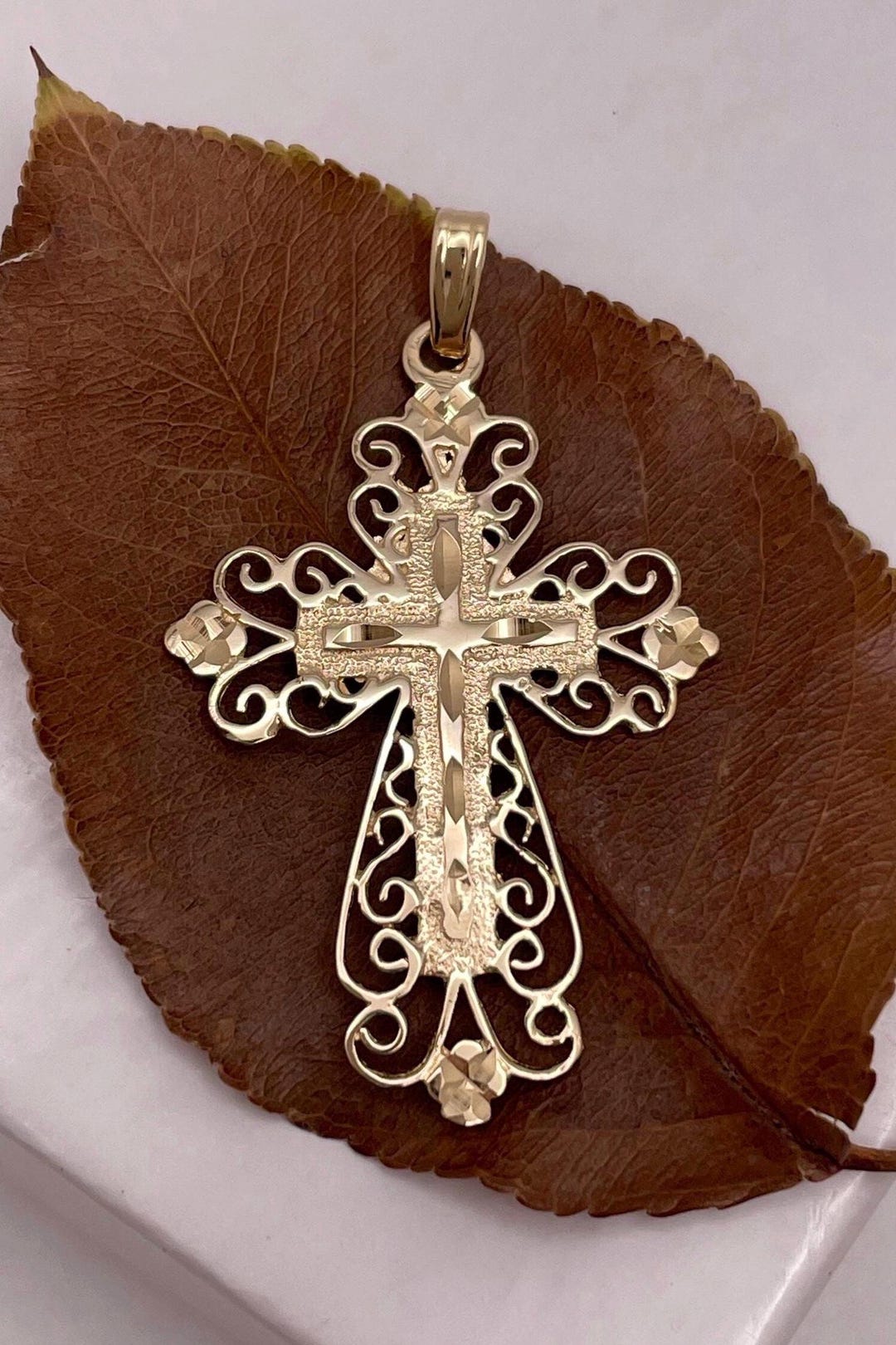 Vintage 14K Filigree Cross Pendant, Solid Yellow Gold Charm, Fancy ...