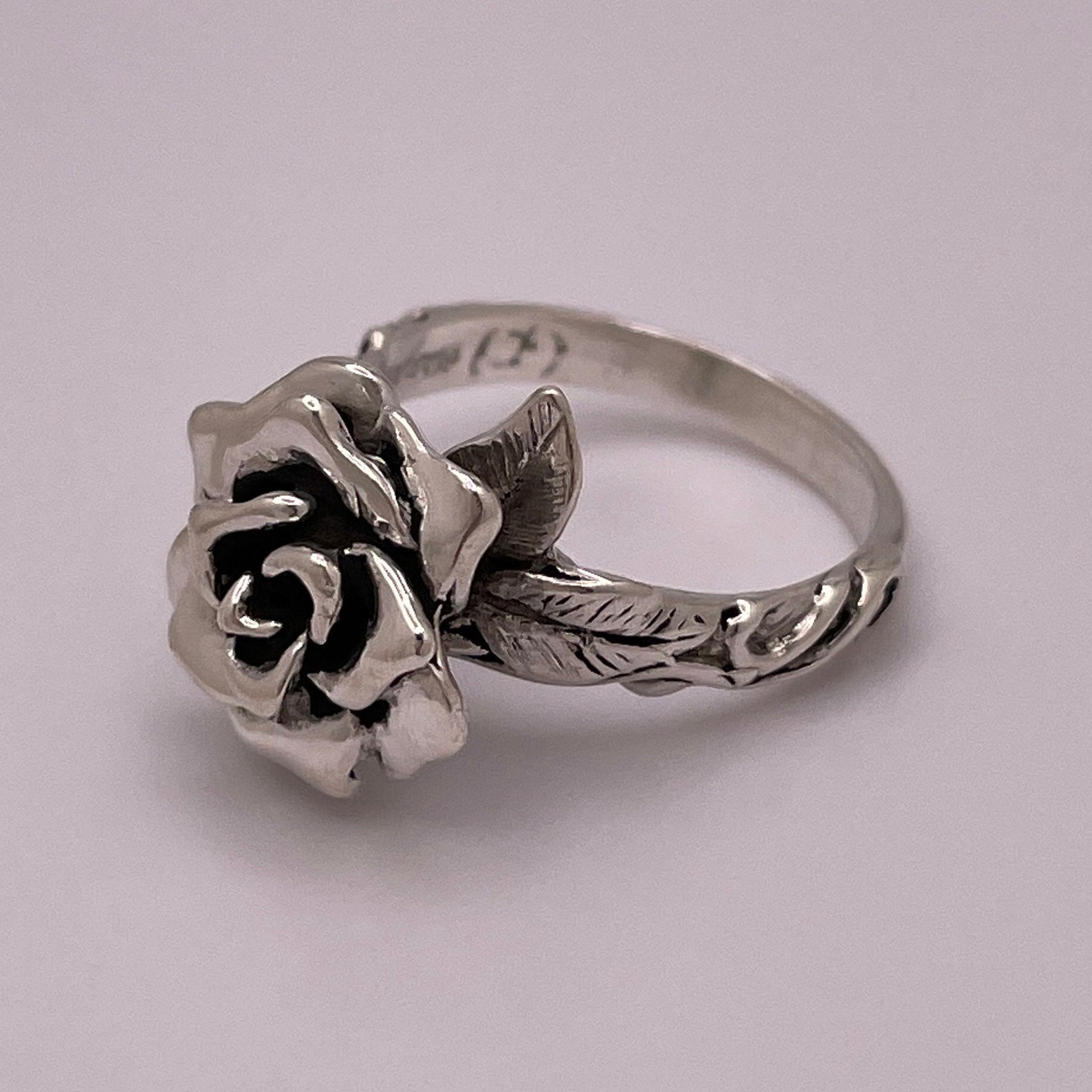 Vintage 925 Rose Blossom Ring, Solid Sterling Silver Band, Full Bloom Flower & Leaves, Artisan ...