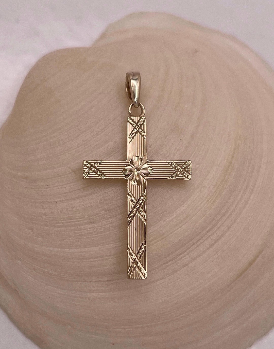 Vintage 10K Art Deco Style Cross Pendant, Etched Design, Flower Center ...