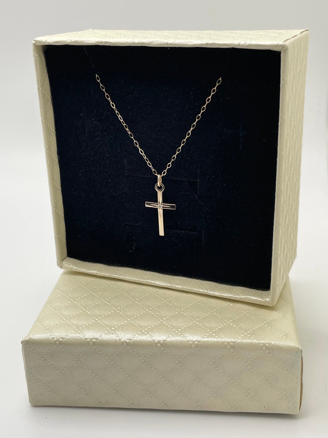 Vintage Petite 14K Gold Solitaire Diamond Cross Necklace, 18 Chain ...