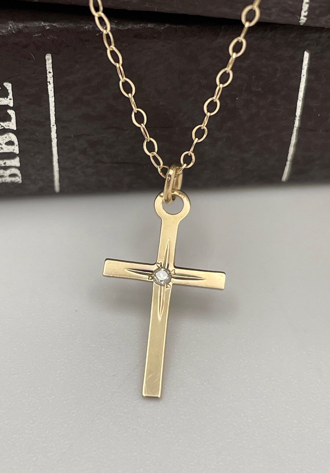 Vintage Petite 14K Gold Solitaire Diamond Cross Necklace, 18 Chain ...