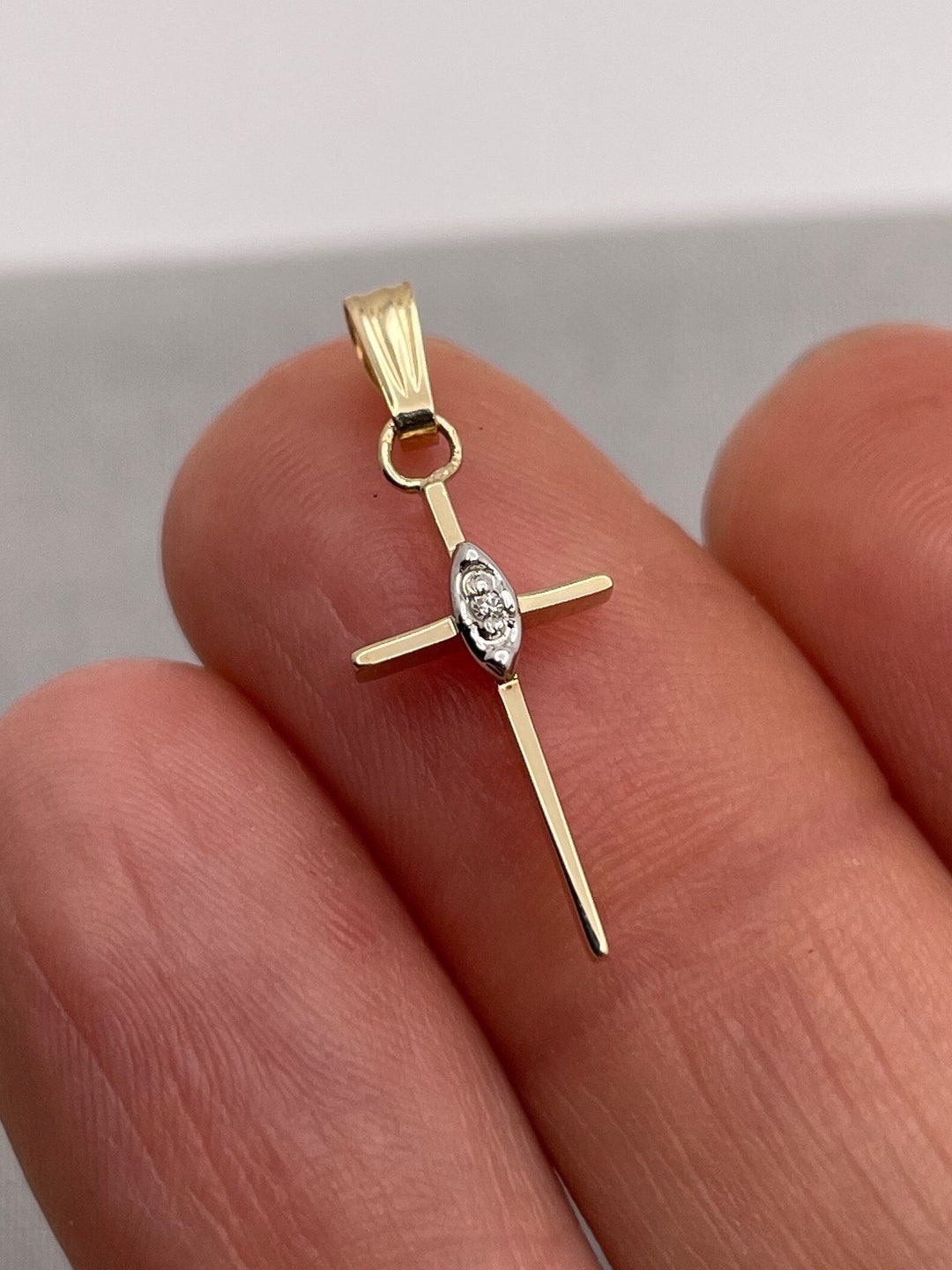 Vintage 14K Solitaire Diamond Cross Pendant, Dainty, Slim, Petite Charm ...