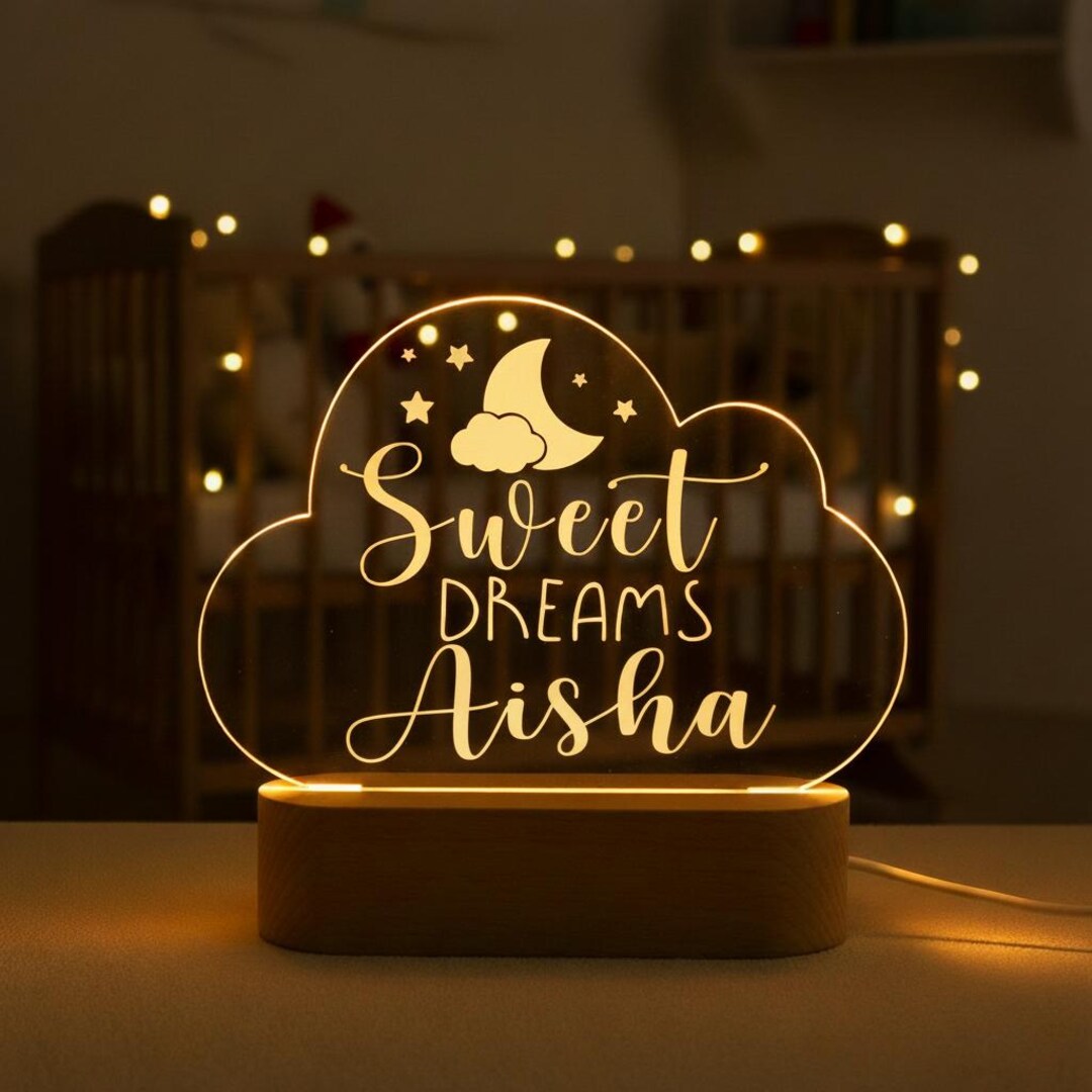 Personalised Baby Name Birthday LED Moon Lamp, Clouds Night Light With ...