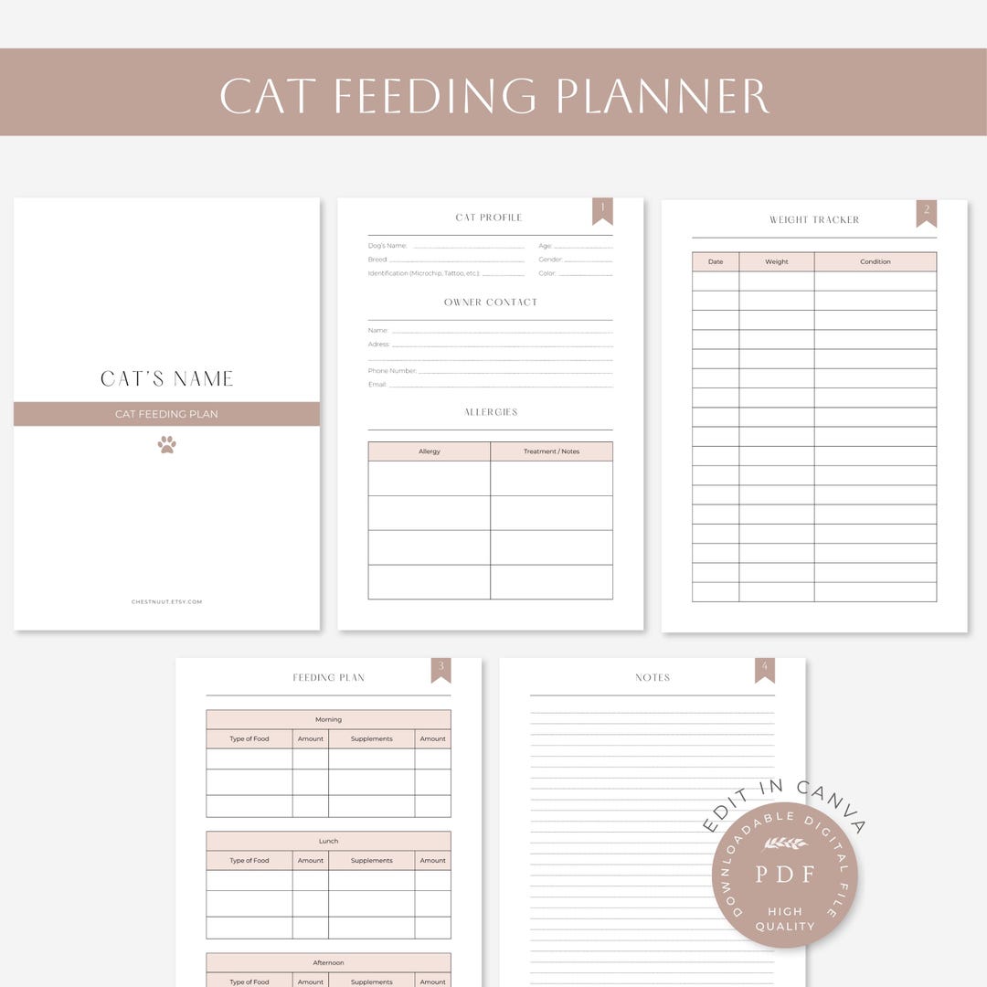 Cat Feeding Planner | Editable Cat Meal Tracker PDF | Printable Pet ...