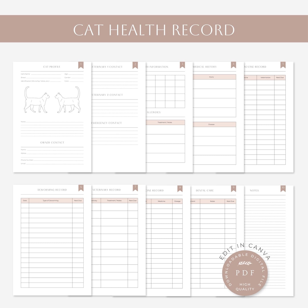 Cat Health Record Journal | Feline Wellness Tracker PDF | Editable Cat ...