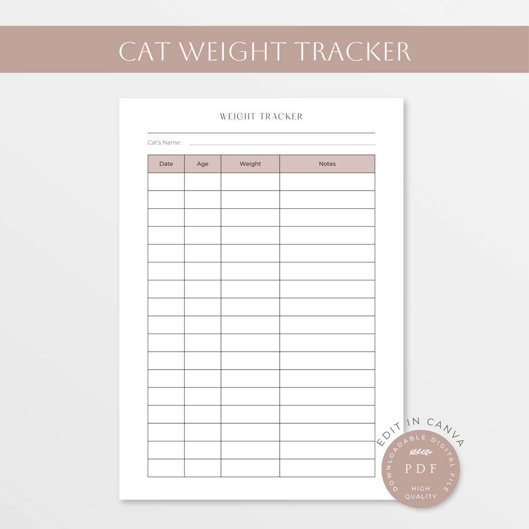 Cat Weight Tracker | Minimalist Cat Growth Log | Printable Pet Weight ...