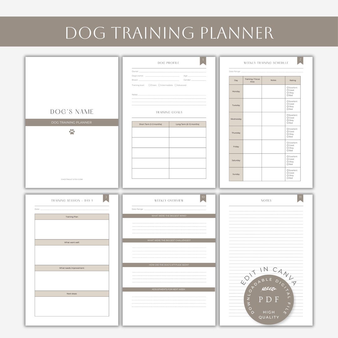 Dog Training Planner | Canine Training Log | Printable Dog Workout ...