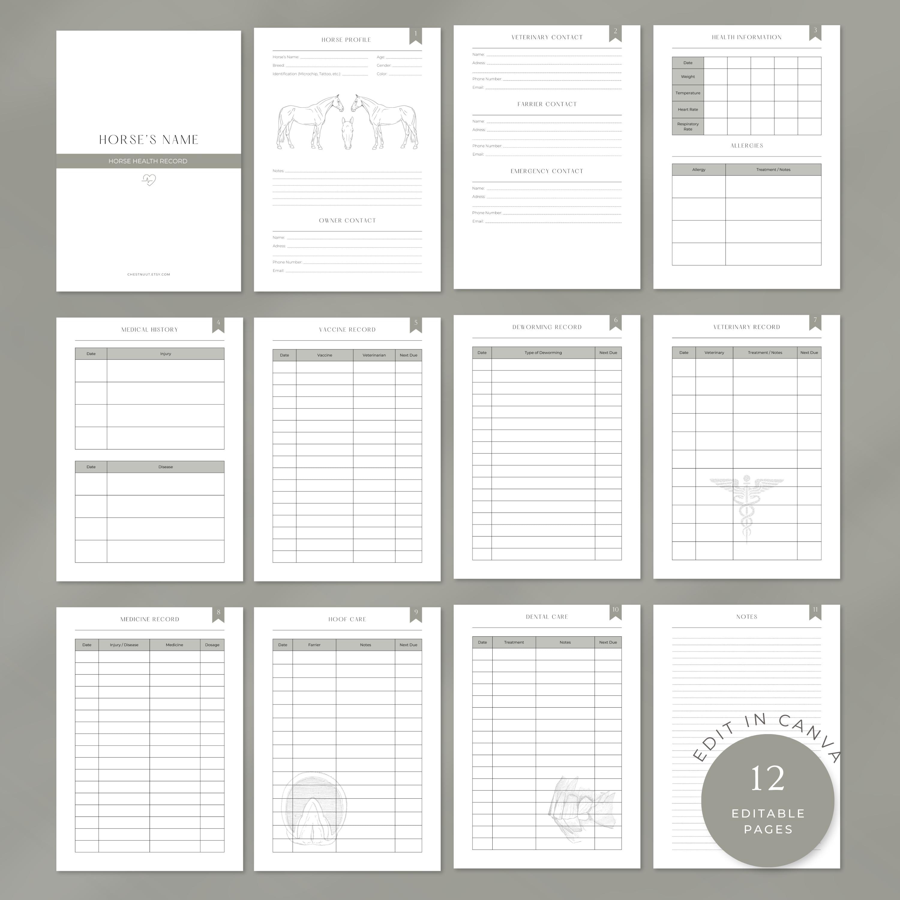 Horse Health Record Journal | Equine Wellness Tracker PDF | Editable ...