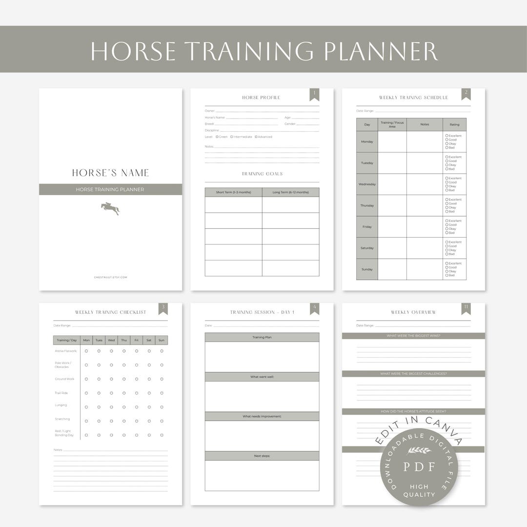 Horse Training Planner | Equine Training Log | Printable Horse Workout Tracker | Daily Riding ...