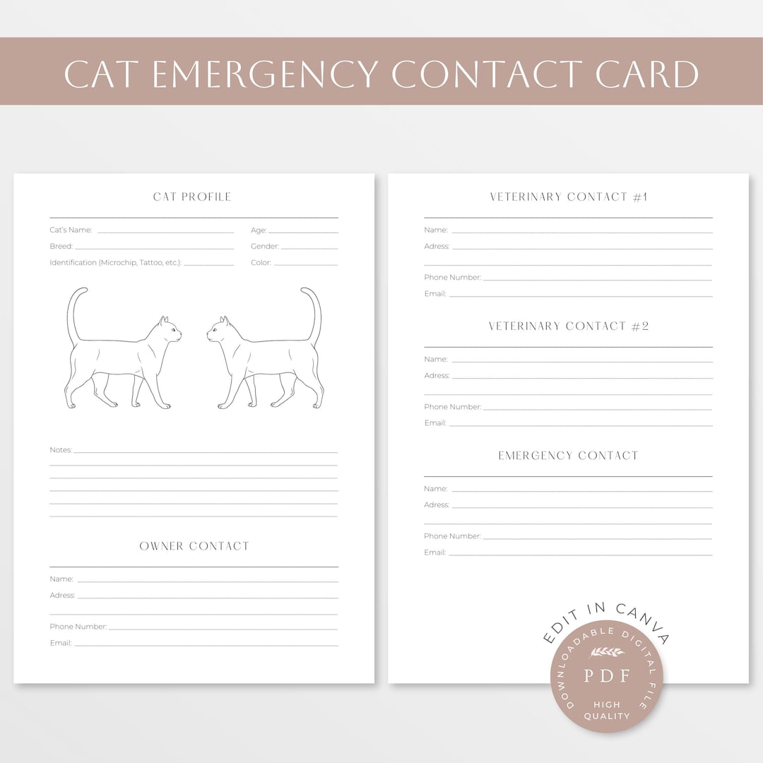 Cat Emergency Contact Card | Editable Pet Info Sheet | Printable Cat ...