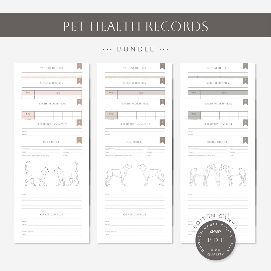 Pet Health Record Bundle | Horse, Dog & Cat Wellness Tracker | Editable ...