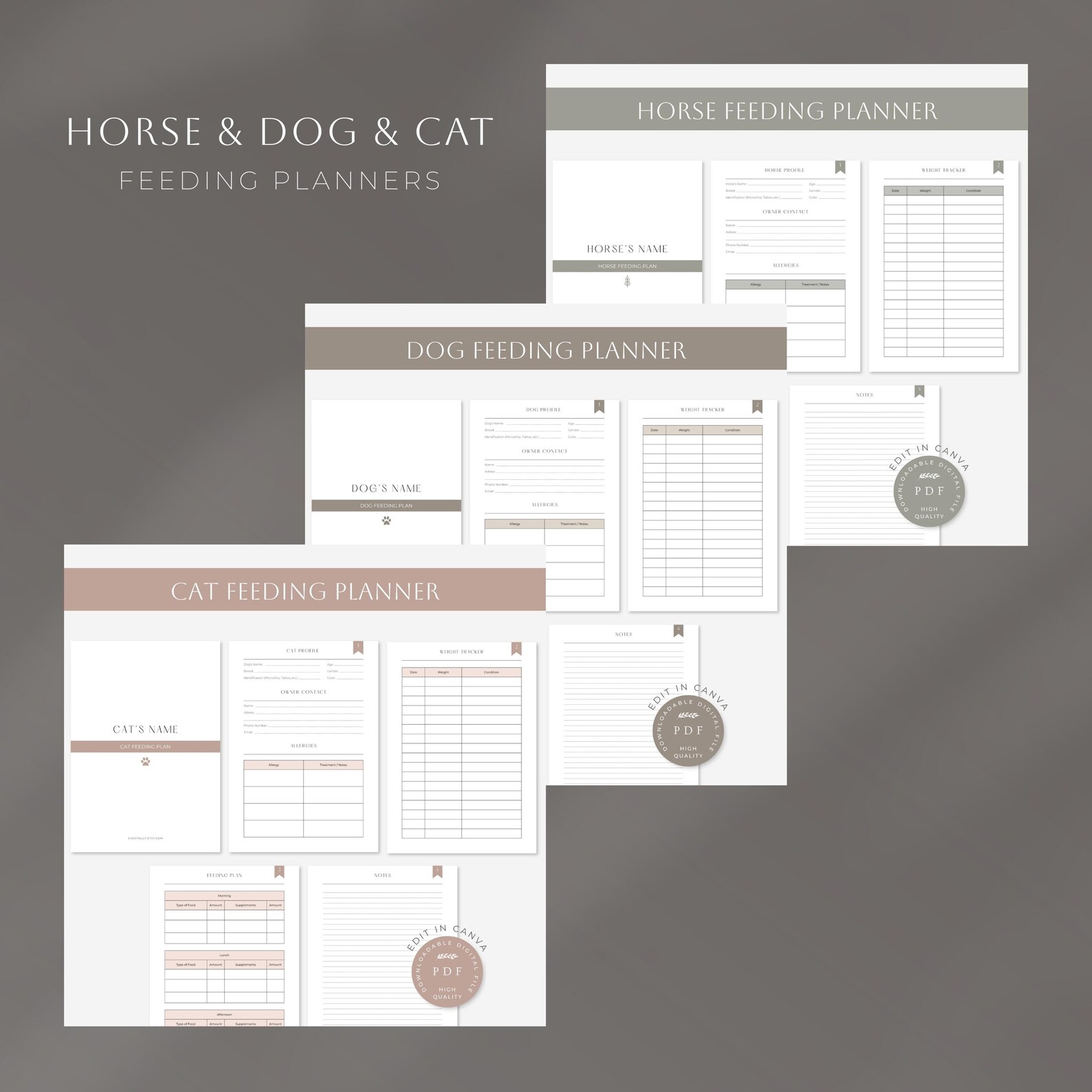 Pet Feeding Planner Bundle | Dog, Cat & Horse Meal Trackers (PDF ...