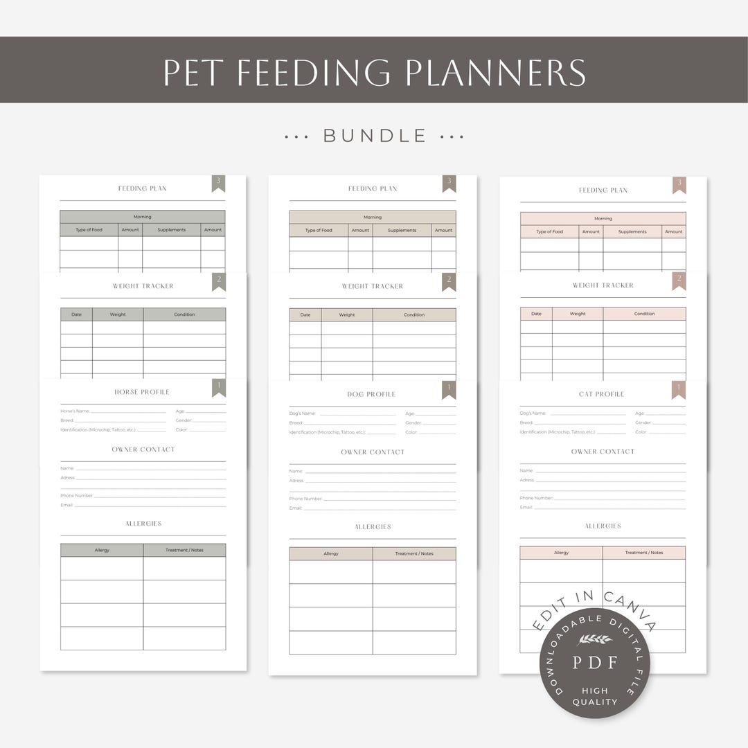 Pet Feeding Planner Bundle | Dog, Cat & Horse Meal Trackers (PDF ...