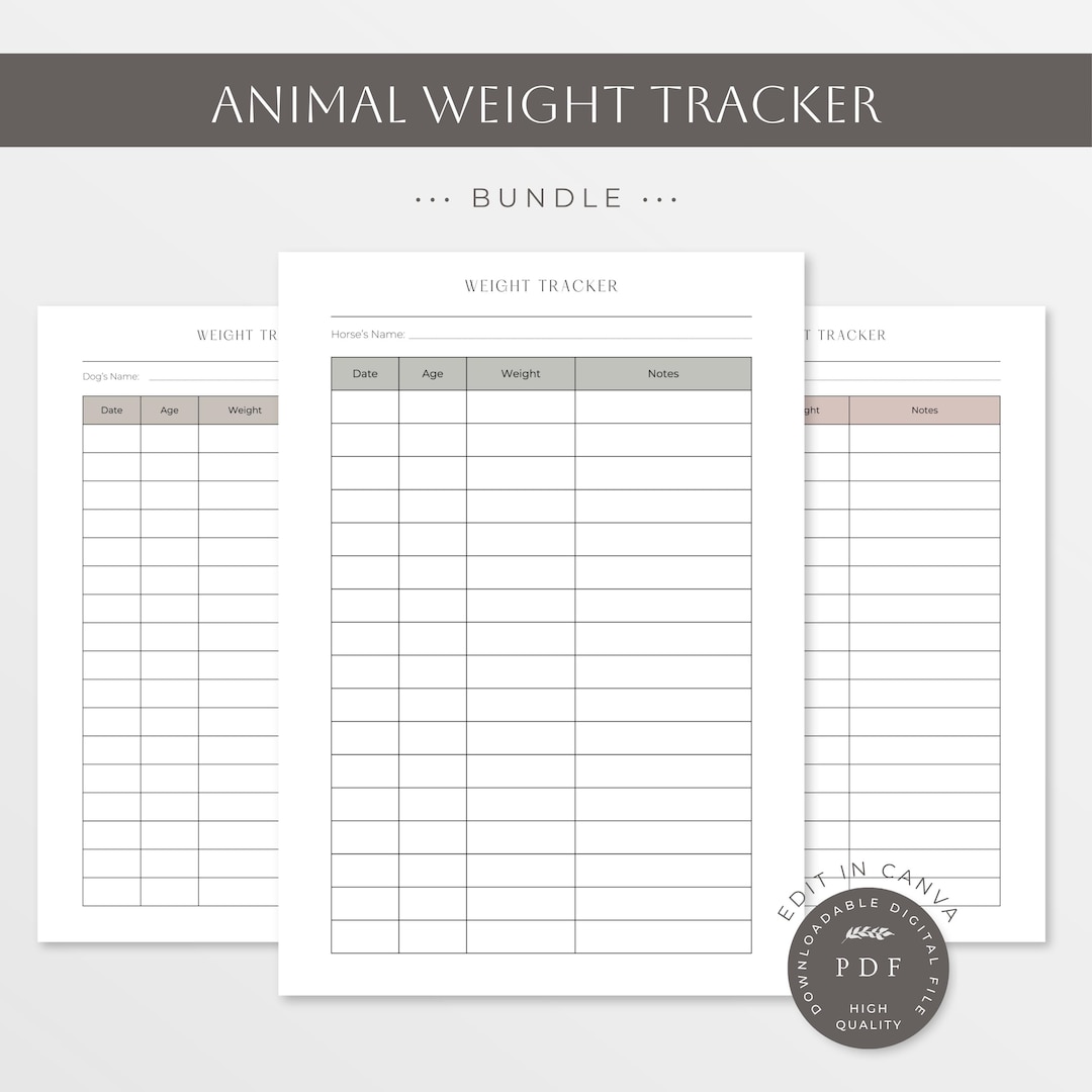 Animal Weight Tracker Bundle | Horse, Dog & Cat Weight Log | Printable ...