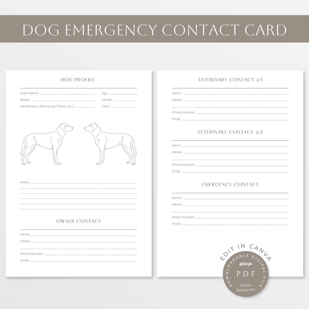 Dog Emergency Contact Card | Editable Pet Info Sheet | Printable Dog ...