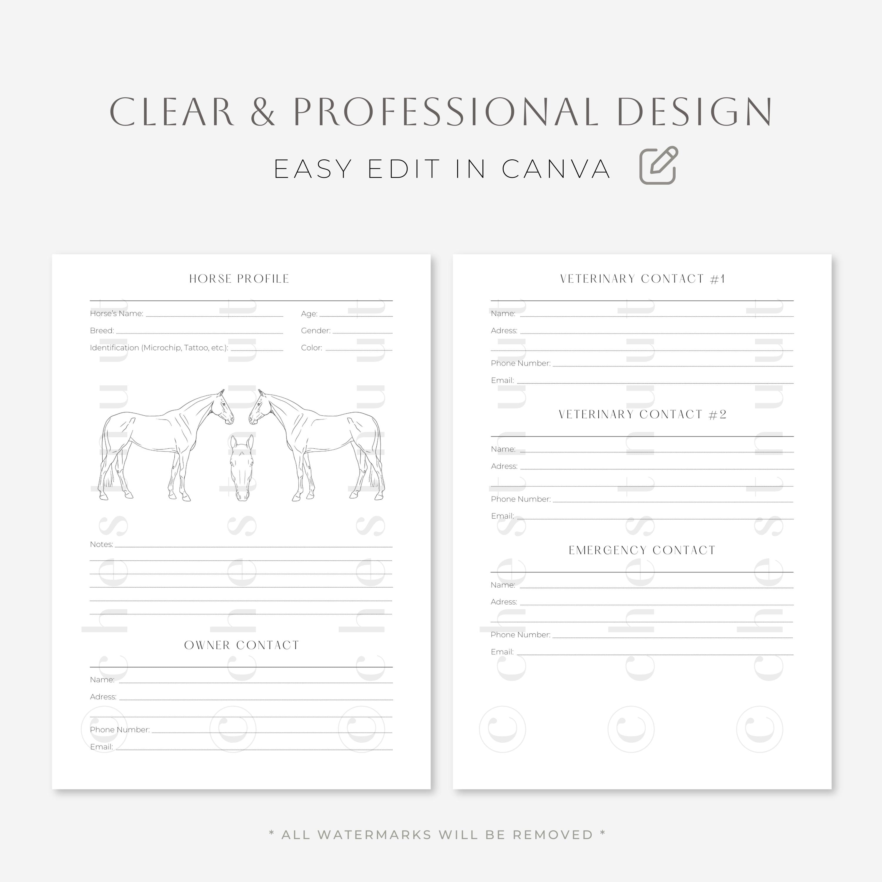 Horse Emergency Contact Card | Printable Equine Info Card | Editable ...