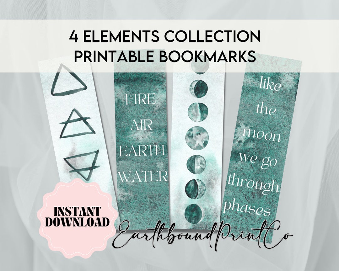 Printable Bookmarks Earth Air Fire Water, Book Lover, Custom Bookmark ...