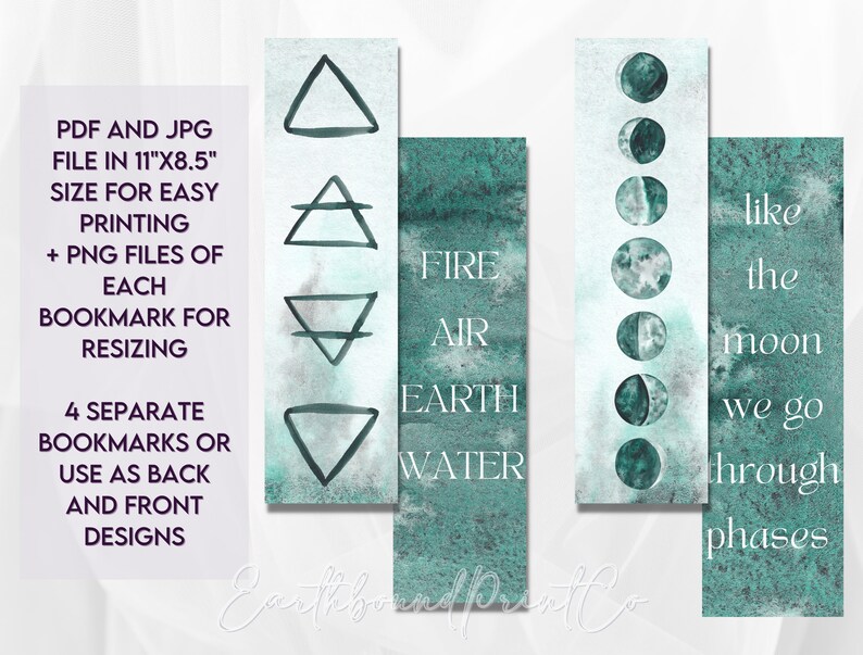 Printable Bookmarks Earth Air Fire Water, Book Lover, Custom Bookmark ...