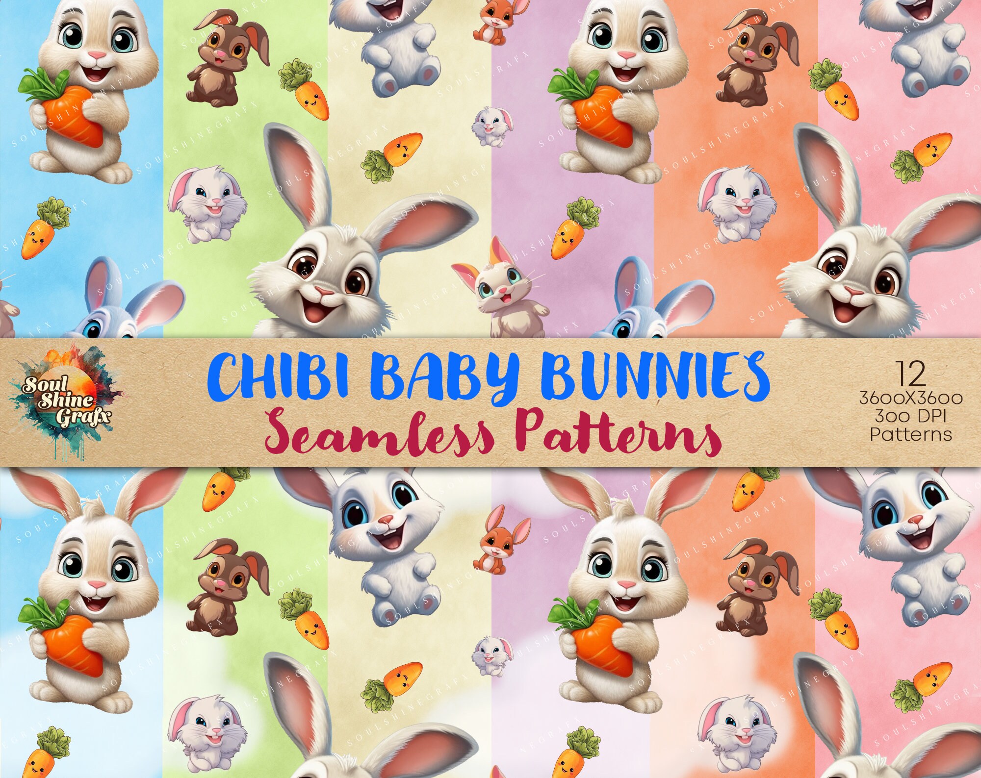Chibi Baby Bunnies - Seamless Patterns - Digital Paper - Cute Bunnies ...