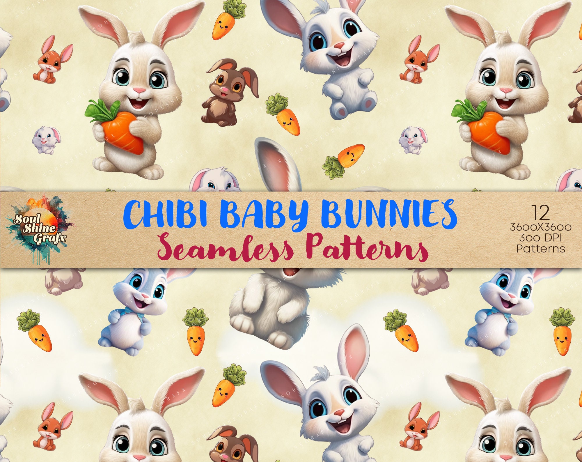 Chibi Baby Bunnies - Seamless Patterns - Digital Paper - Cute Bunnies ...