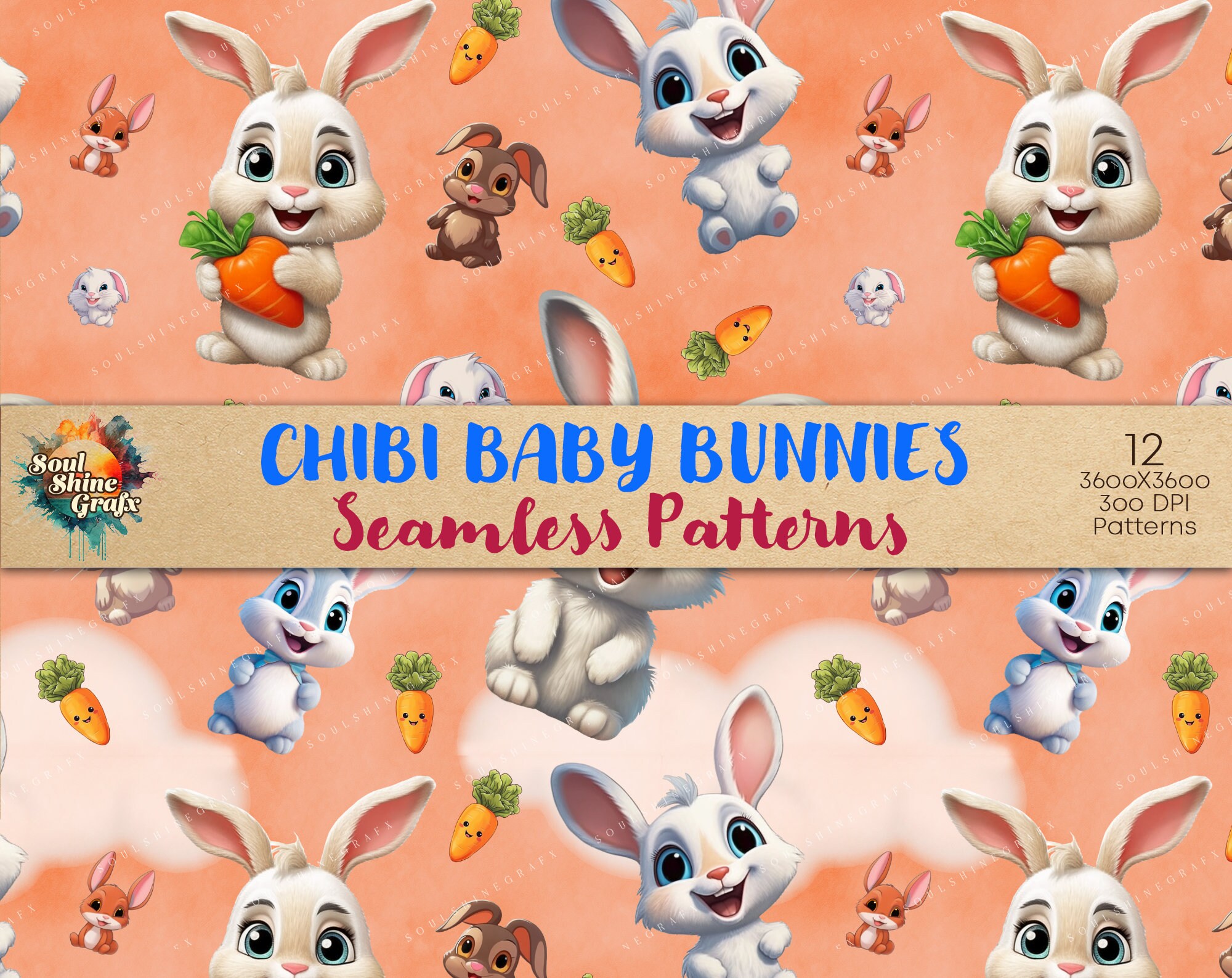 Chibi Baby Bunnies - Seamless Patterns - Digital Paper - Cute Bunnies ...