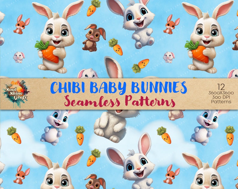 Chibi Baby Bunnies - Seamless Patterns - Digital Paper - Cute Bunnies ...
