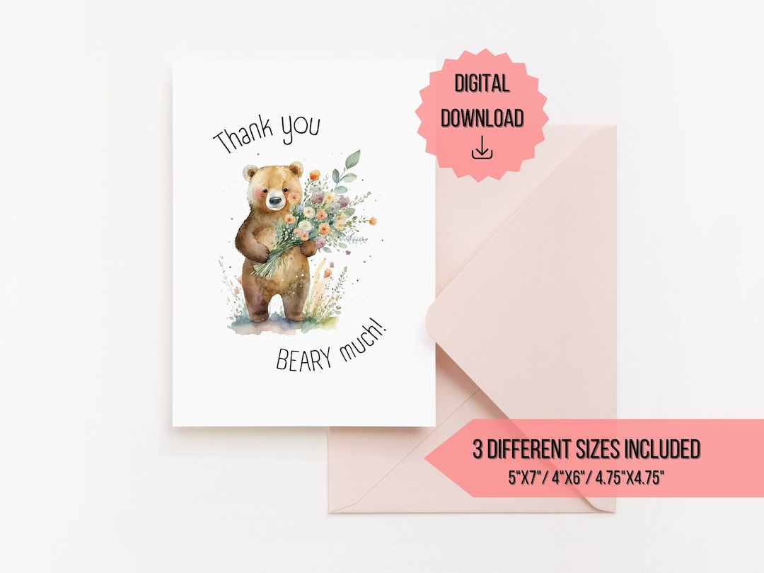 Printable Thank You Beary Much Card, Cute Bear Thank You Card, Flower ...
