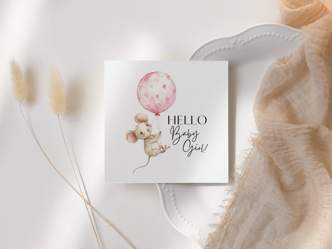 Hello Baby Girl Printable Card DIGITAL Download Printable Cute Mouse ...