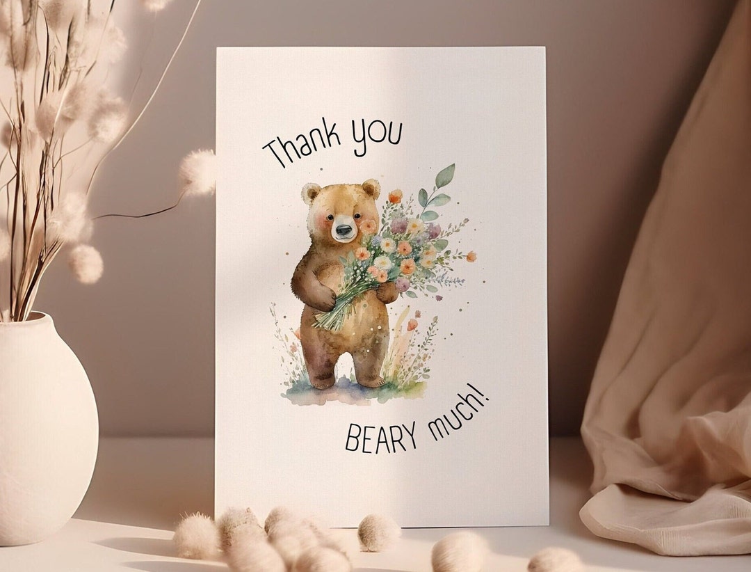 Printable Card Thank You Beary Much Cute Bear Card Floral Thank You ...