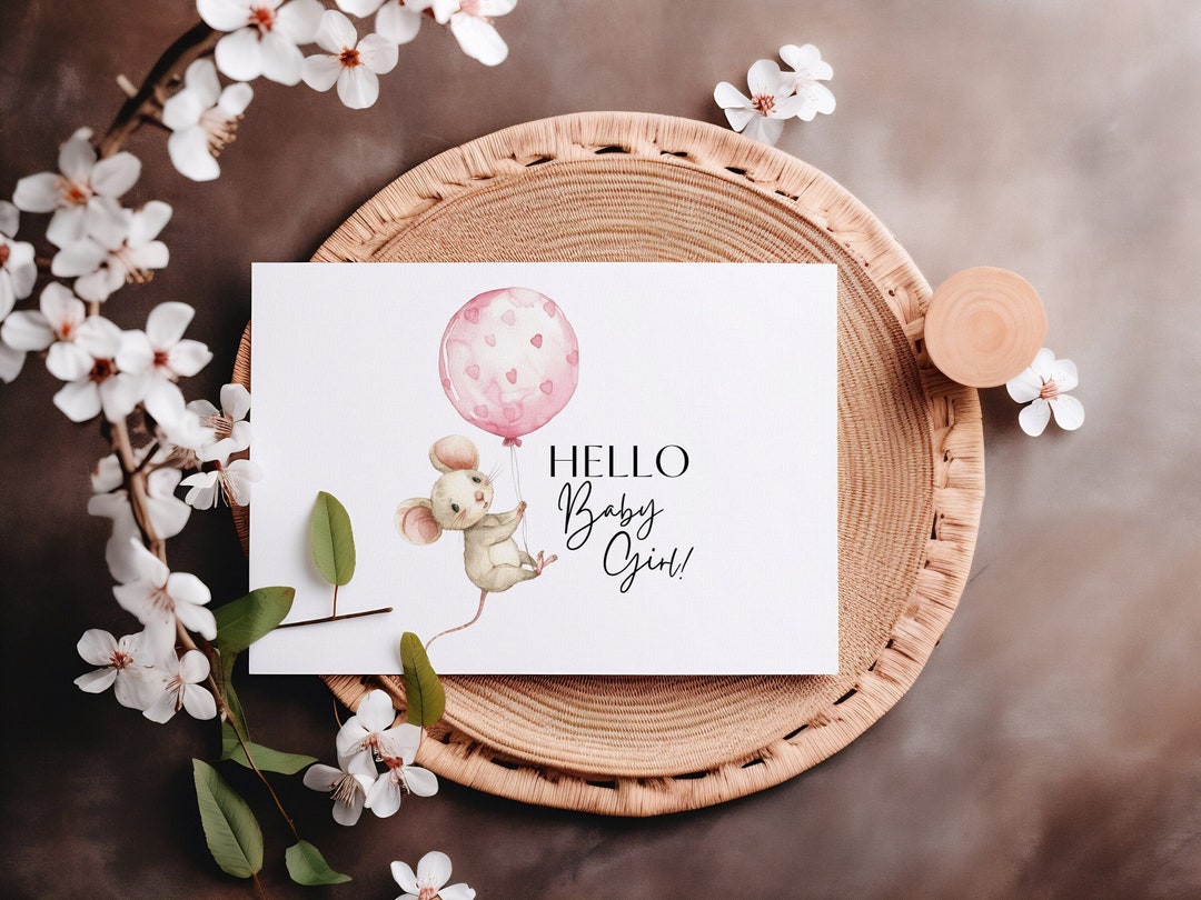 Hello Baby Girl Printable Card DIGITAL Download Printable Cute Mouse ...