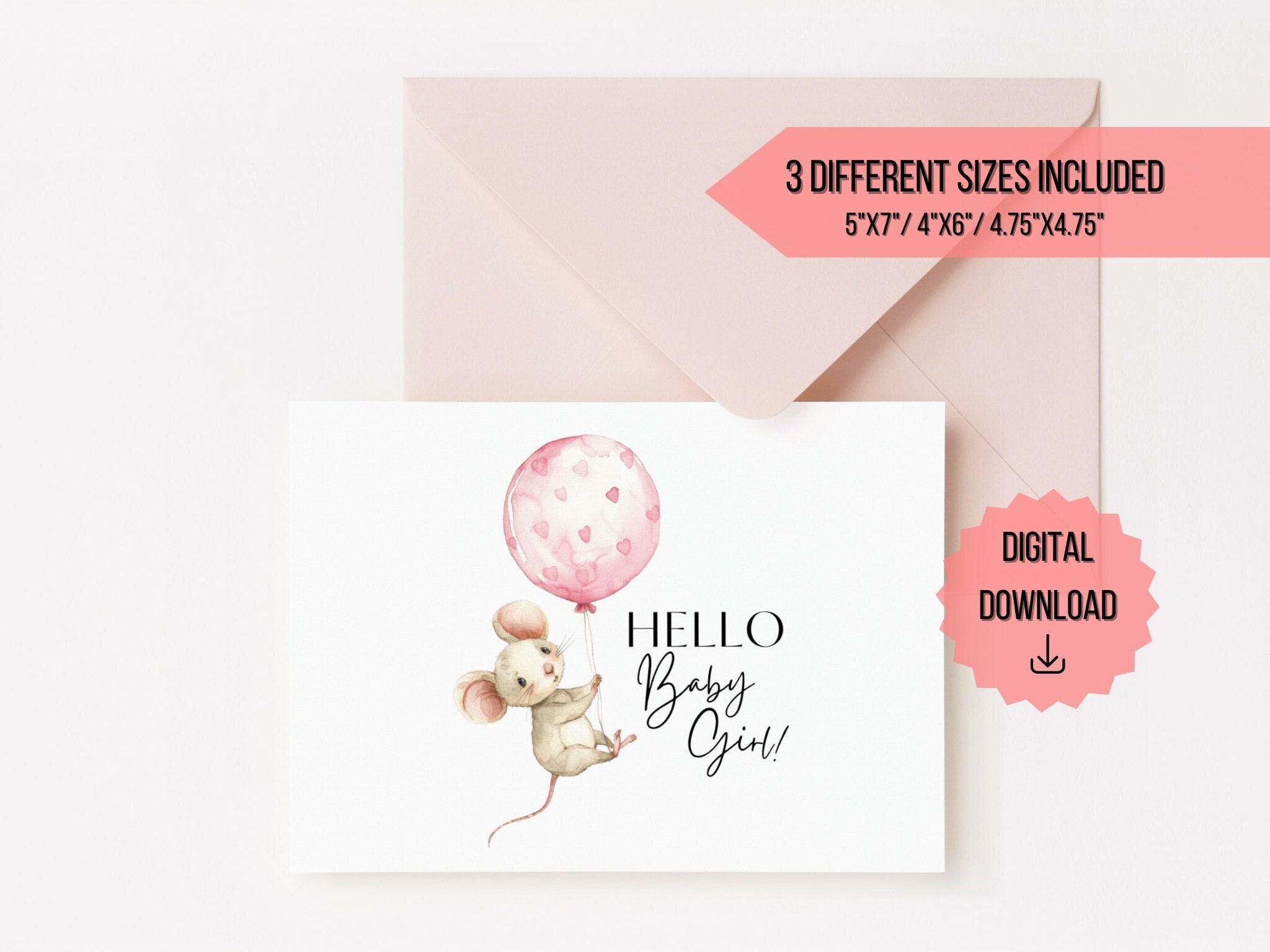 Hello Baby Girl Printable Card DIGITAL Download Printable Cute Mouse ...